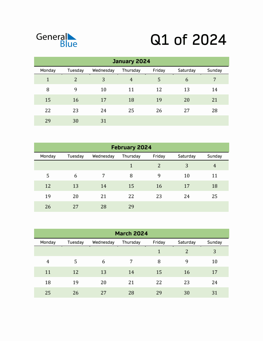 Downloadable Q1 2024 Quarterly Calendar in PDF, Word, and Excel ...