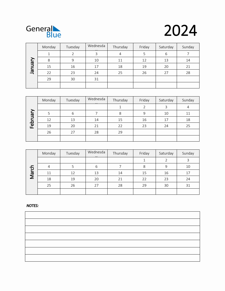Q1 2024 Calendar Template with Notes in PDF, Word, and Excel - Monday Start