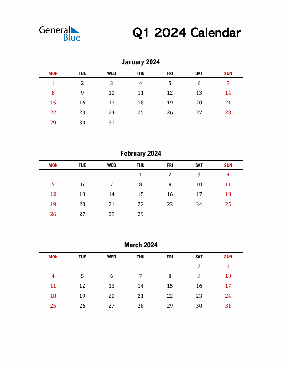 Q1 2024 Calendar Template in PDF, Excel, and Word - Monday Start