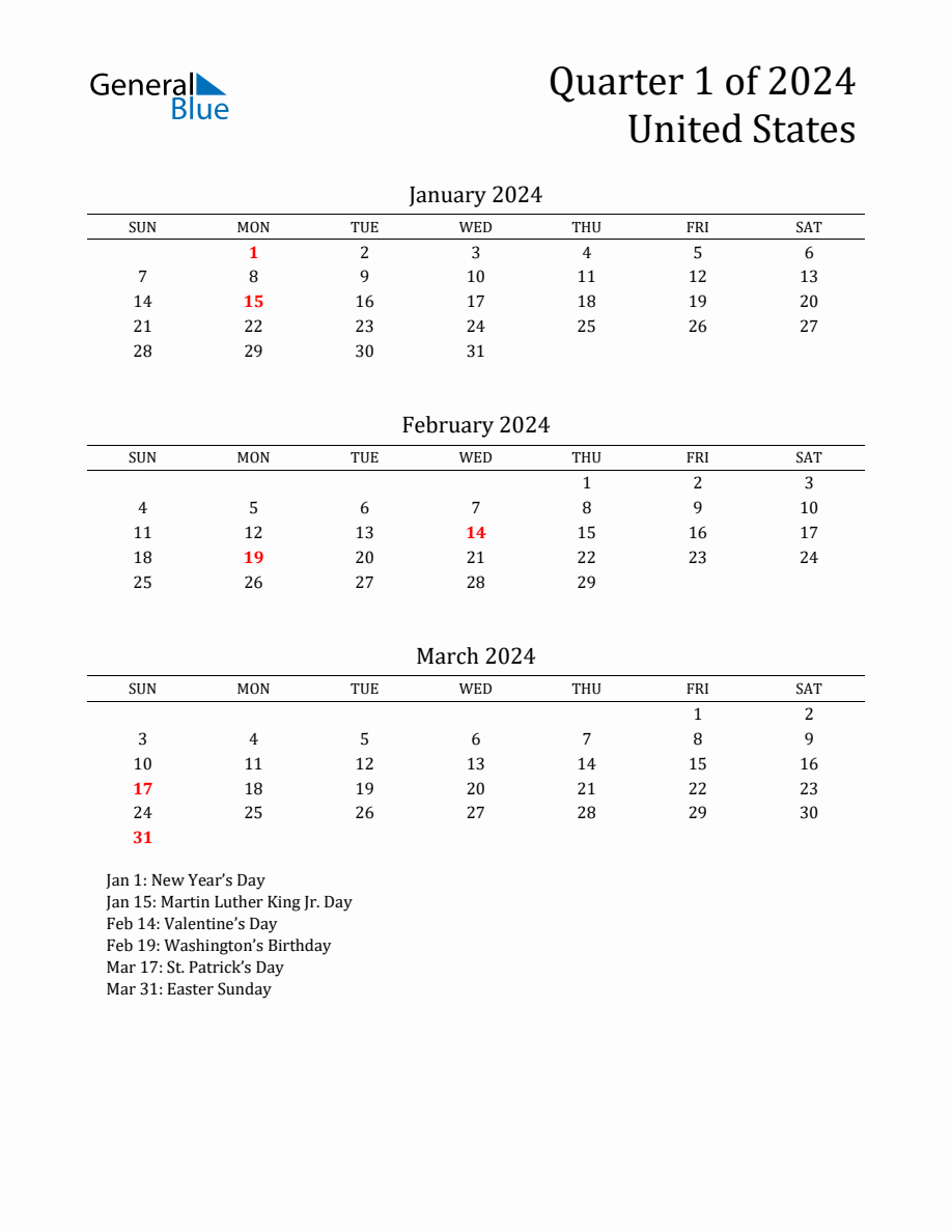 Quarter 1 2024 United States Quarterly Calendar