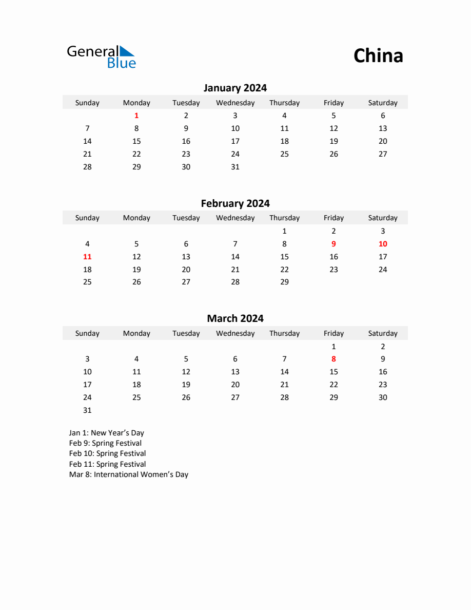Printable Quarterly Calendar with Notes and China Holidays (Q1, 2024)