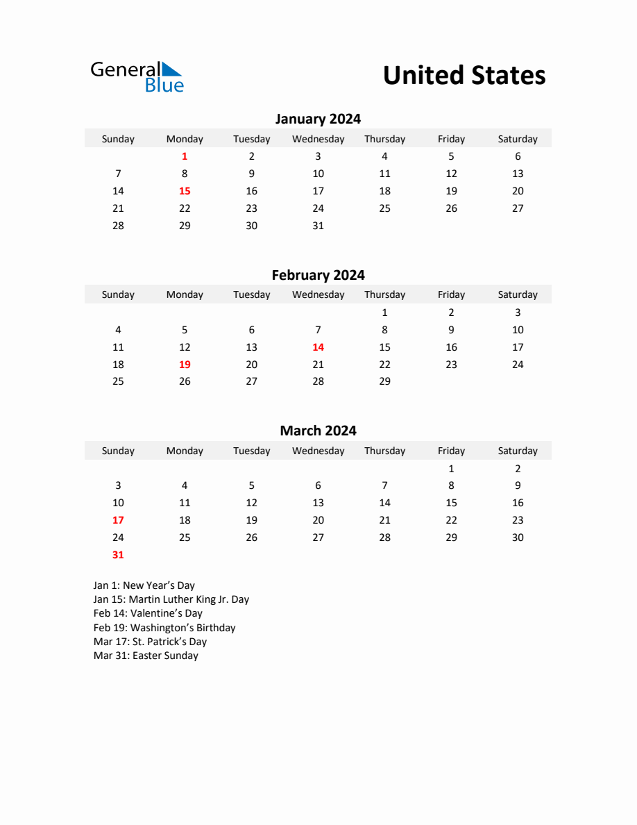 Printable Quarterly Calendar with Notes and United States Holidays (Q1 ...