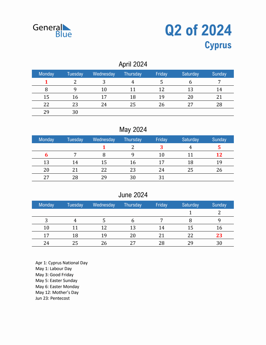 Cyprus 2024 Quarterly Calendar with Monday Start
