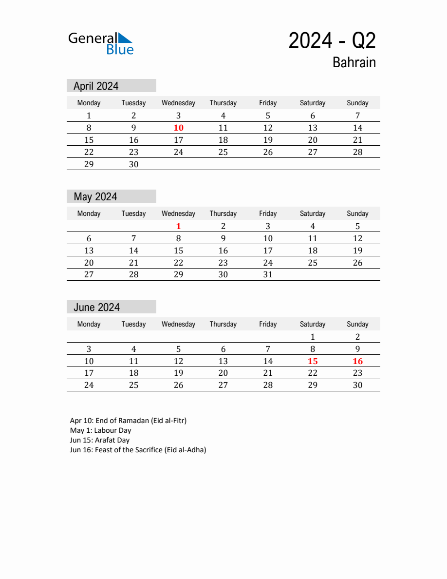 Bahrain Quarter 2 2024 Calendar with Holidays - Monday Start