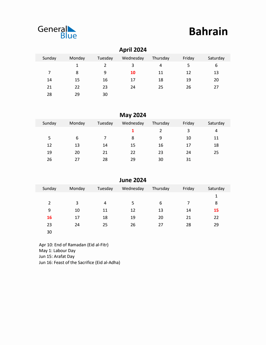 Printable Quarterly Calendar with Notes and Bahrain Holidays- Q2 of 2024