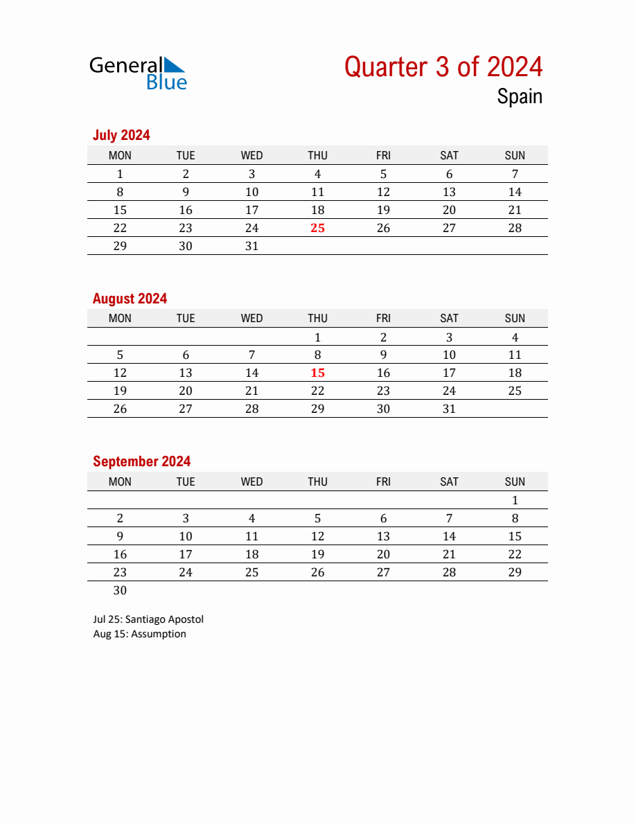 Printable Three Month Calendar with Spain Holidays (Q3 2024) - Monday Start