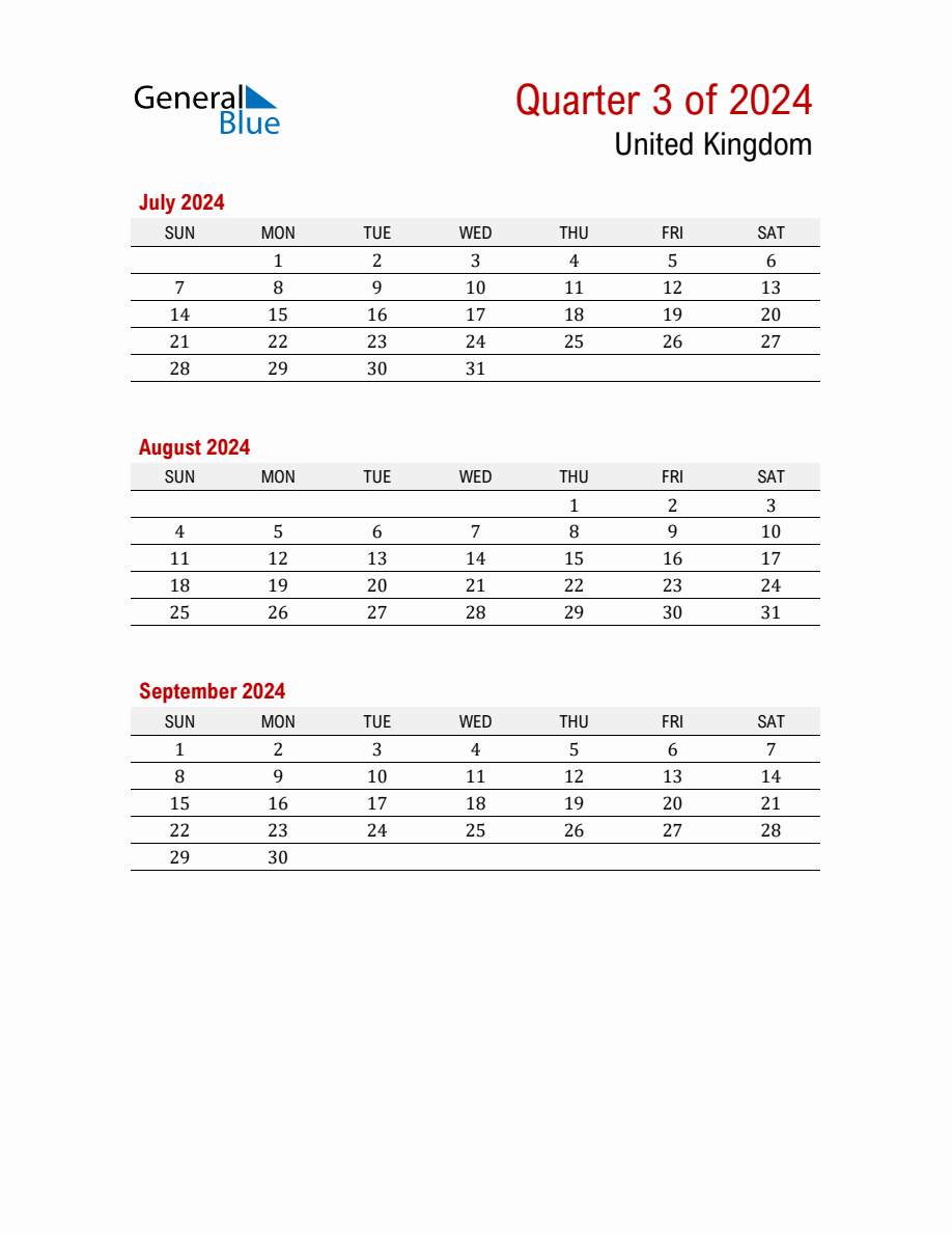 Printable Three Month Calendar with United Kingdom Holidays (Q3 2024)