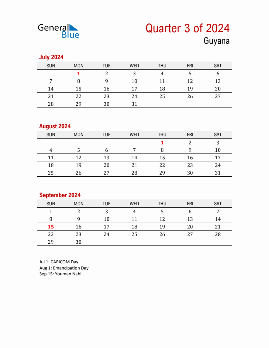 Printable Three Month Calendar with Guyana Holidays (Q3 2024)