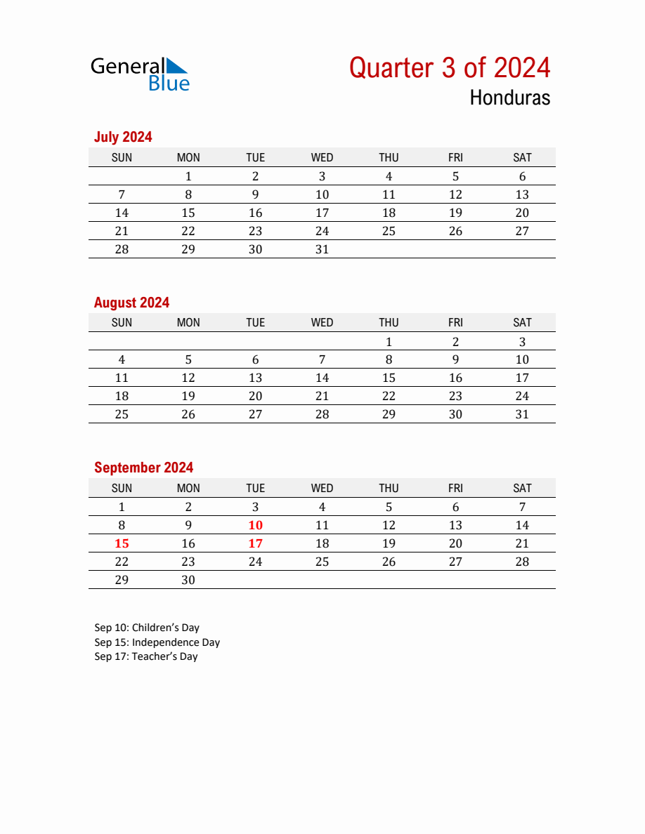 Printable Three Month Calendar with Honduras Holidays (Q3 2024)