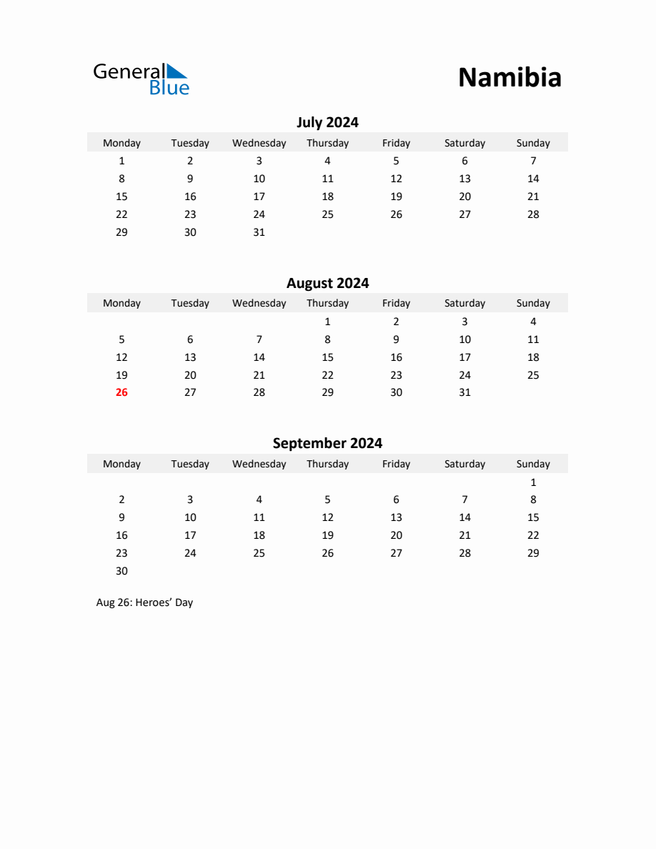 Printable Quarterly Calendar with Notes and Namibia Holidays- Q3 of 2024