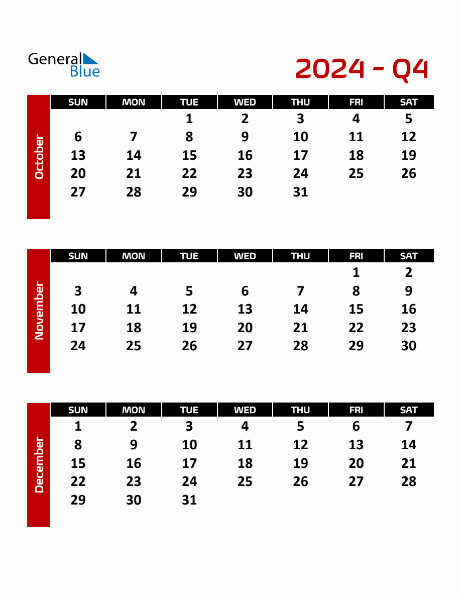 Editable Quarterly Calendar Template in PDF, Word, and Excel (Q4 of 2024)