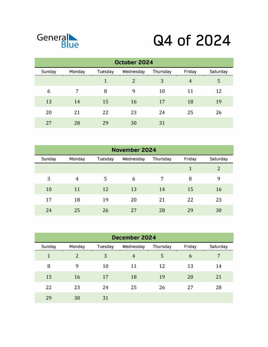 Downloadable Q4 2024 Quarterly Calendar in PDF, Word, and Excel