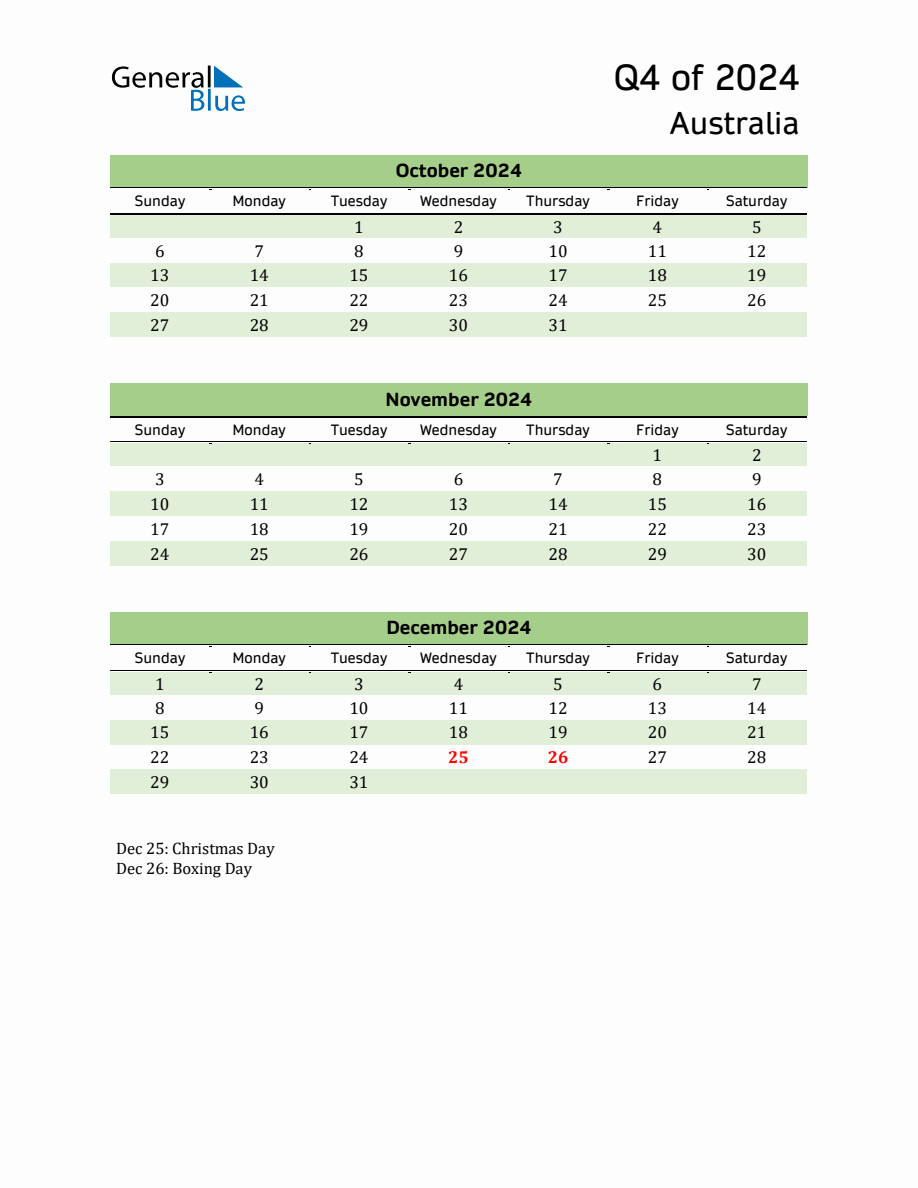 Quarterly Calendar with Australia Holidays (Q4 of 2024)