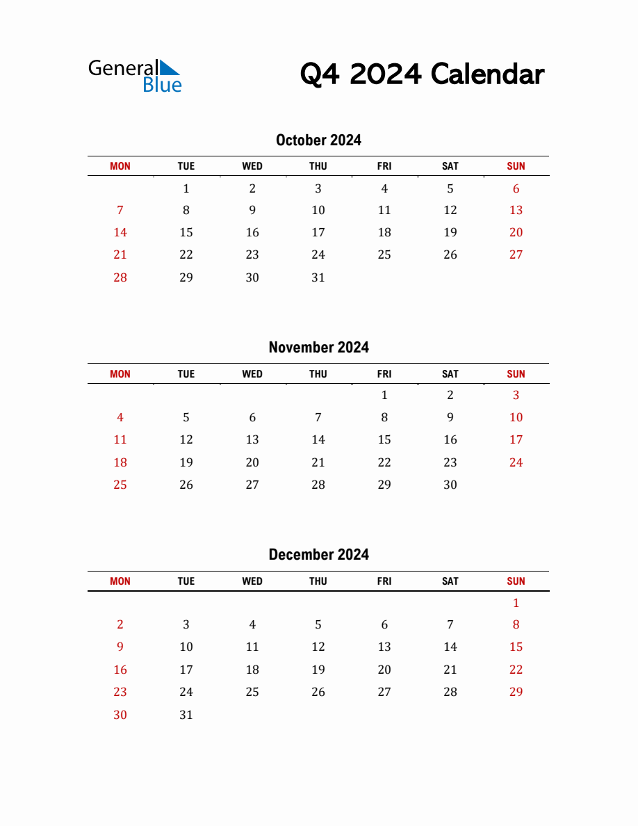 Q4 2024 Calendar Template in PDF, Excel, and Word - Monday Start