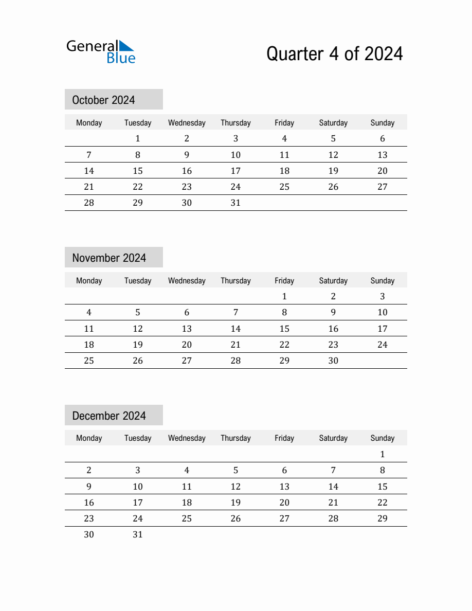 October, November, and December 2024 Calendar Template - Monday Start