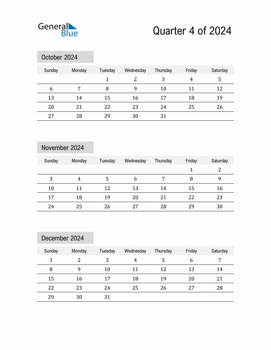 October, November, and December 2024 Calendar Template
