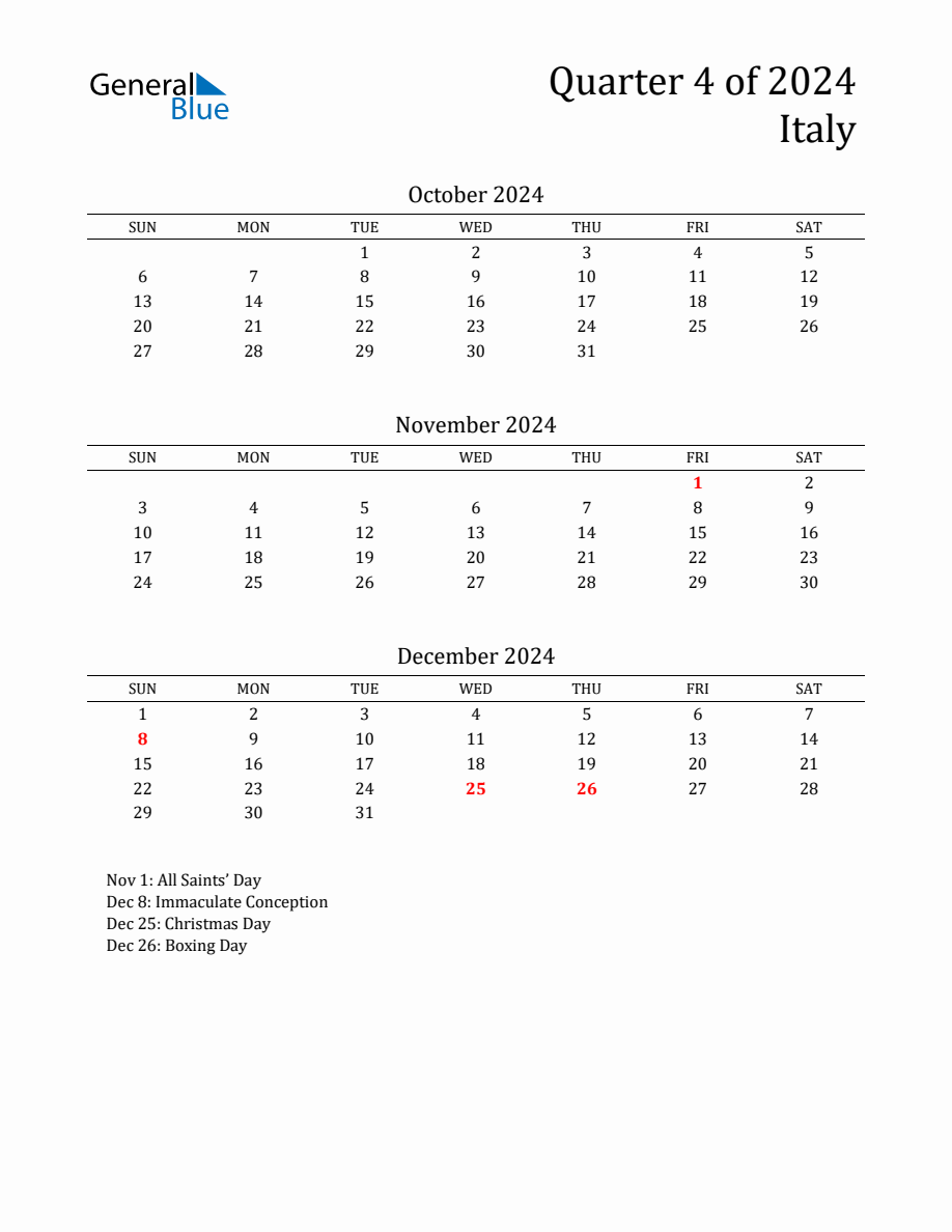 Quarter 4 2024 Italy Calendar