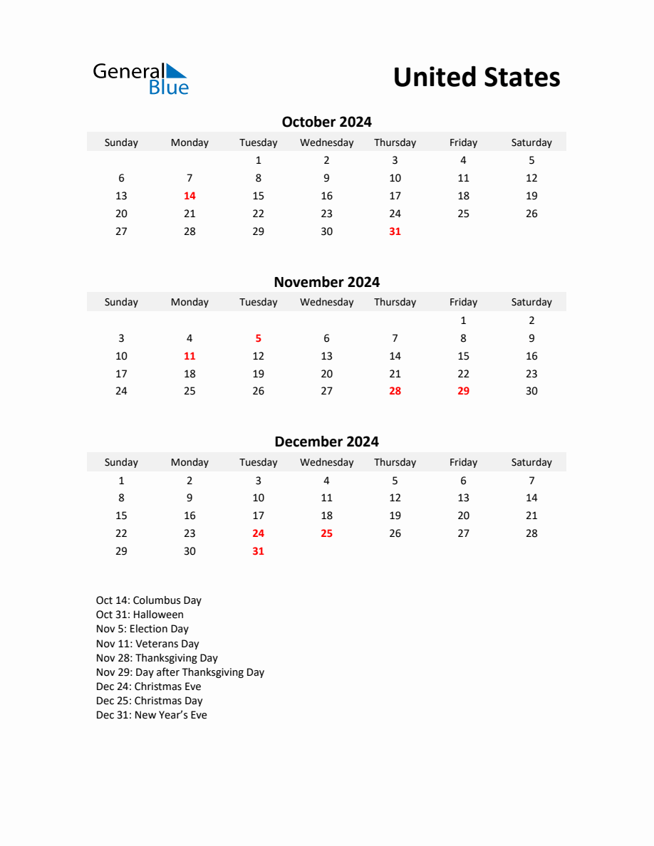 Printable Quarterly Calendar with Notes and United States Holidays (Q4 ...