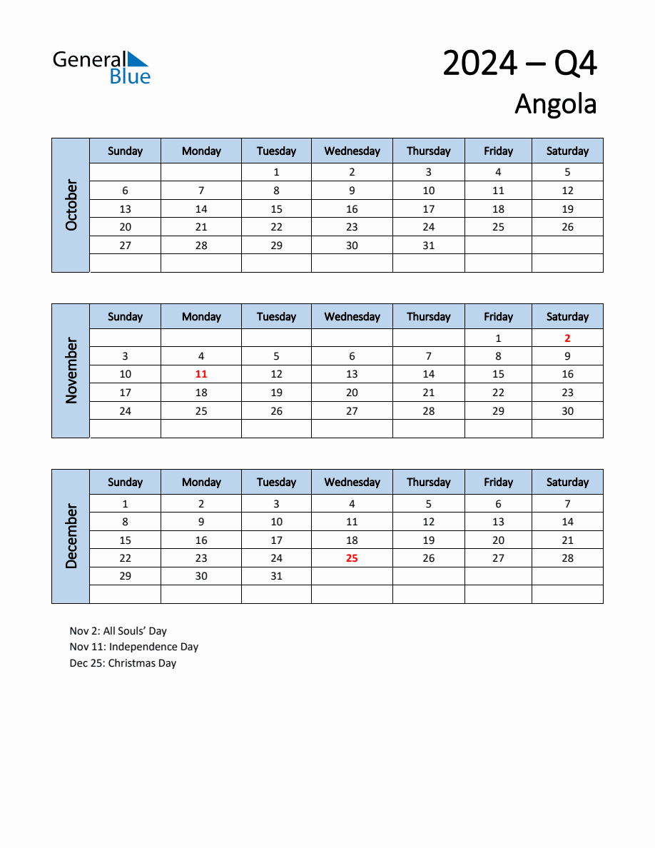 Free Q4 2024 Calendar for Angola