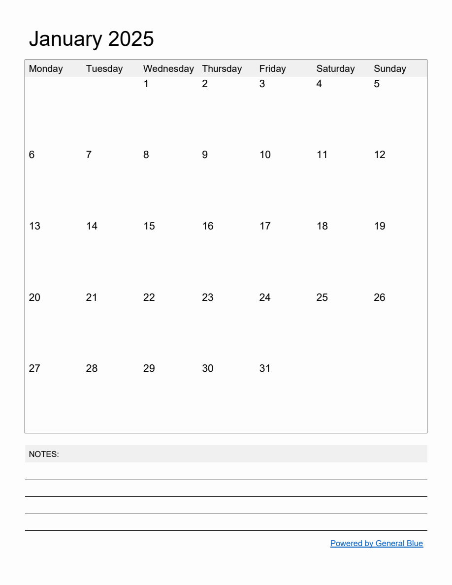 Free Printable Monthly Calendar for January 2025 - Monday Start