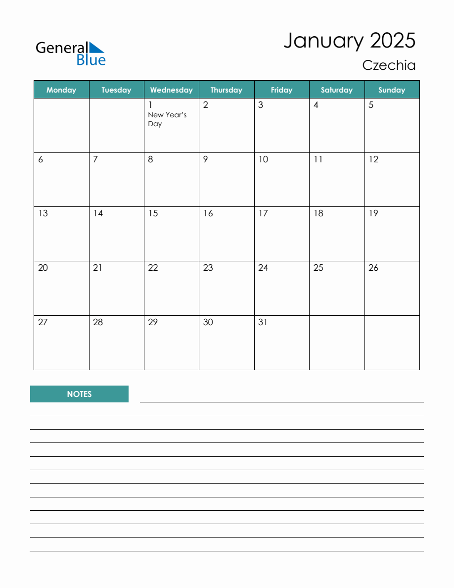 Monthly Planner with Czechia Holidays - January 2025 (Monday Start)