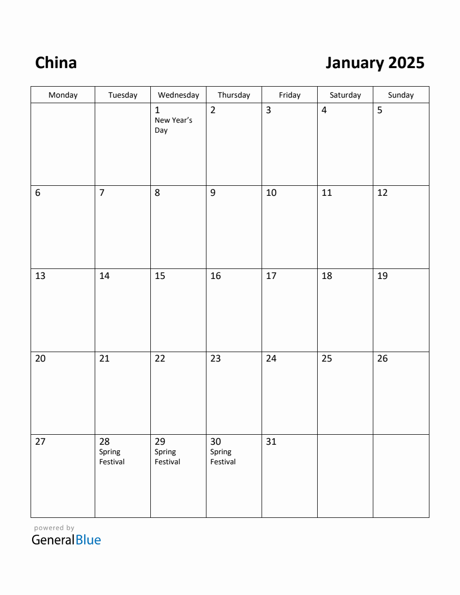 Free Printable January 2025 Calendar for China (Monday Start)
