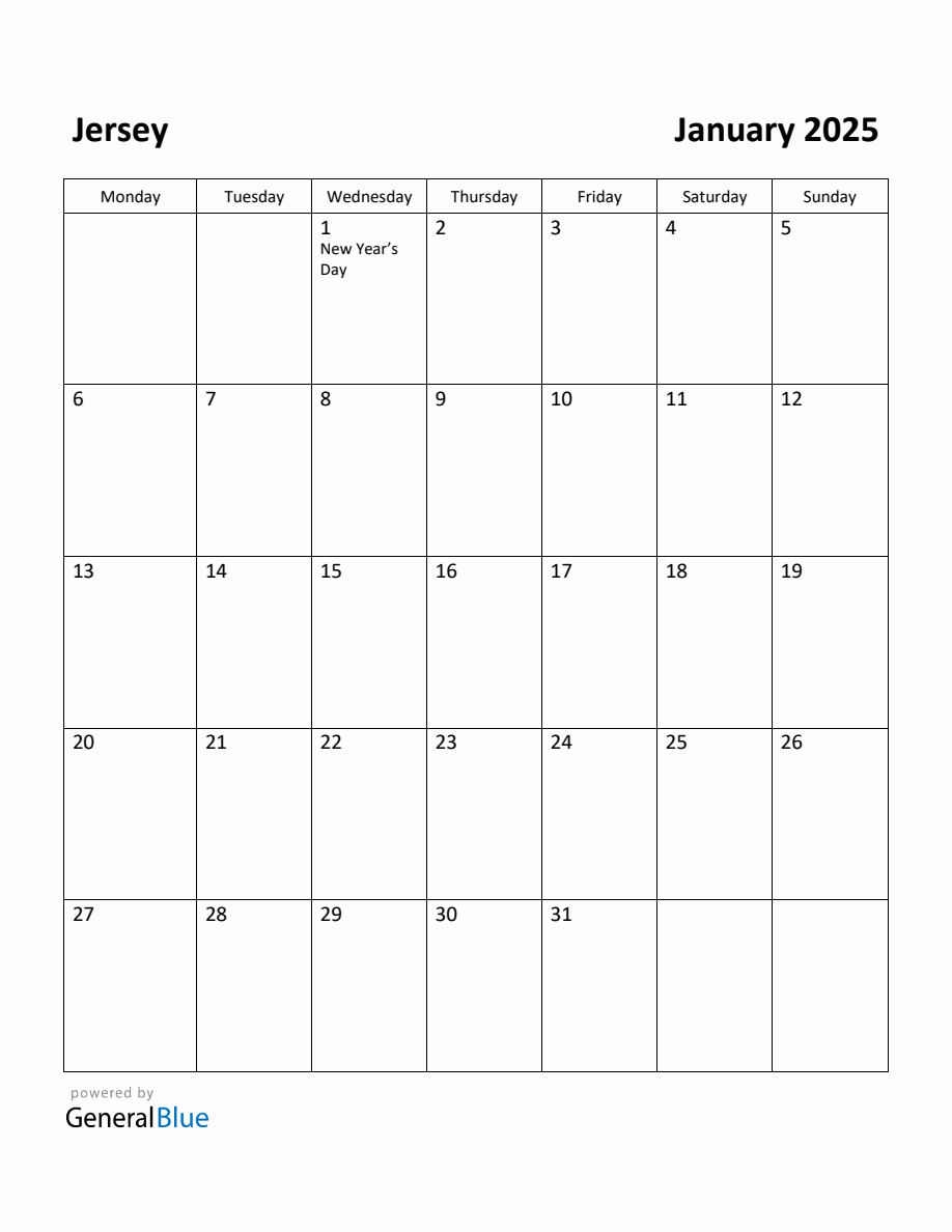Free Printable January 2025 Calendar for Jersey (Monday Start)
