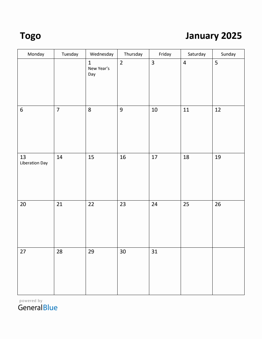 Free Printable January 2025 Calendar for Togo (Monday Start)