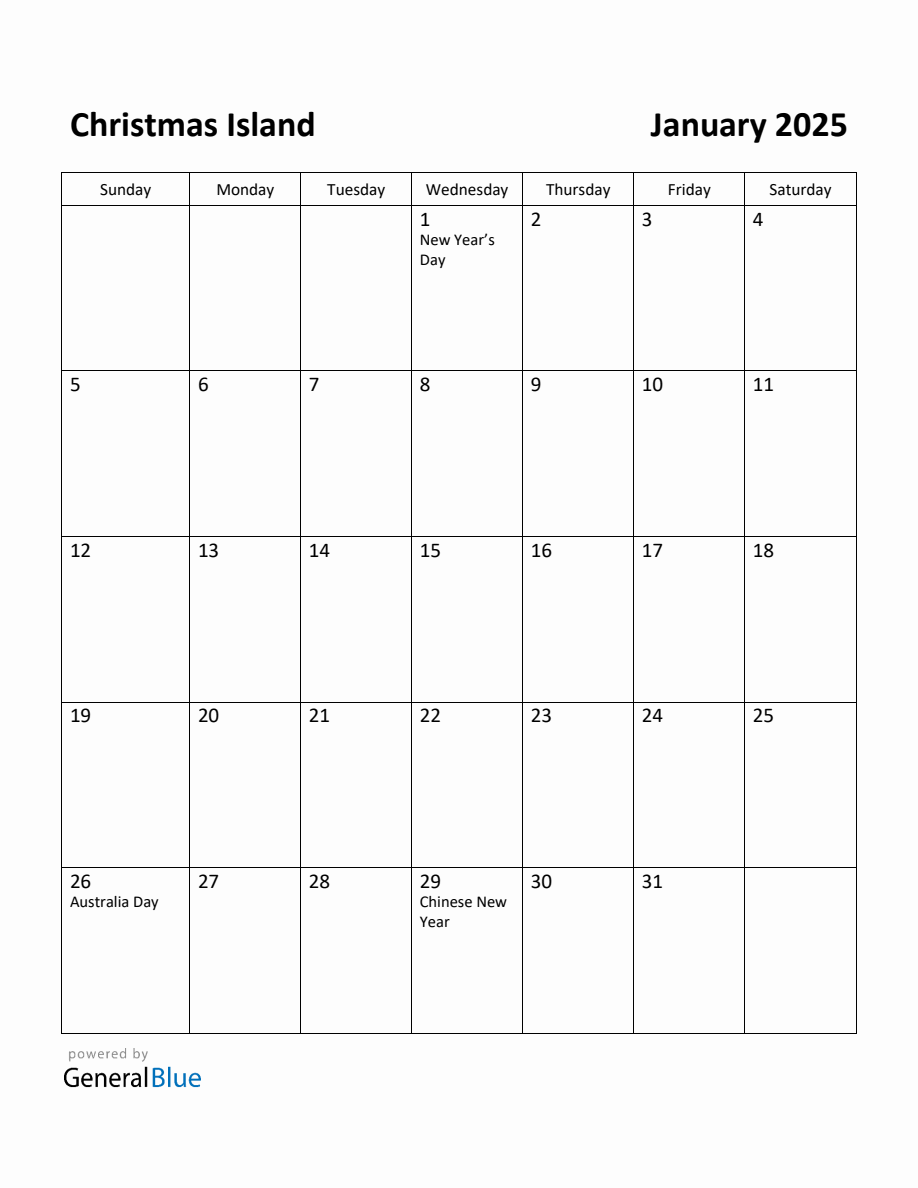 Free Printable January 2025 Calendar for Christmas Island