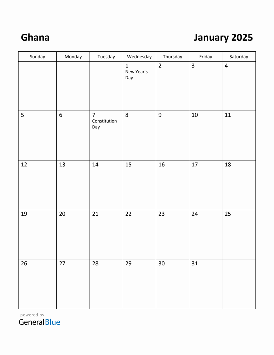 Free Printable January 2025 Calendar for Ghana