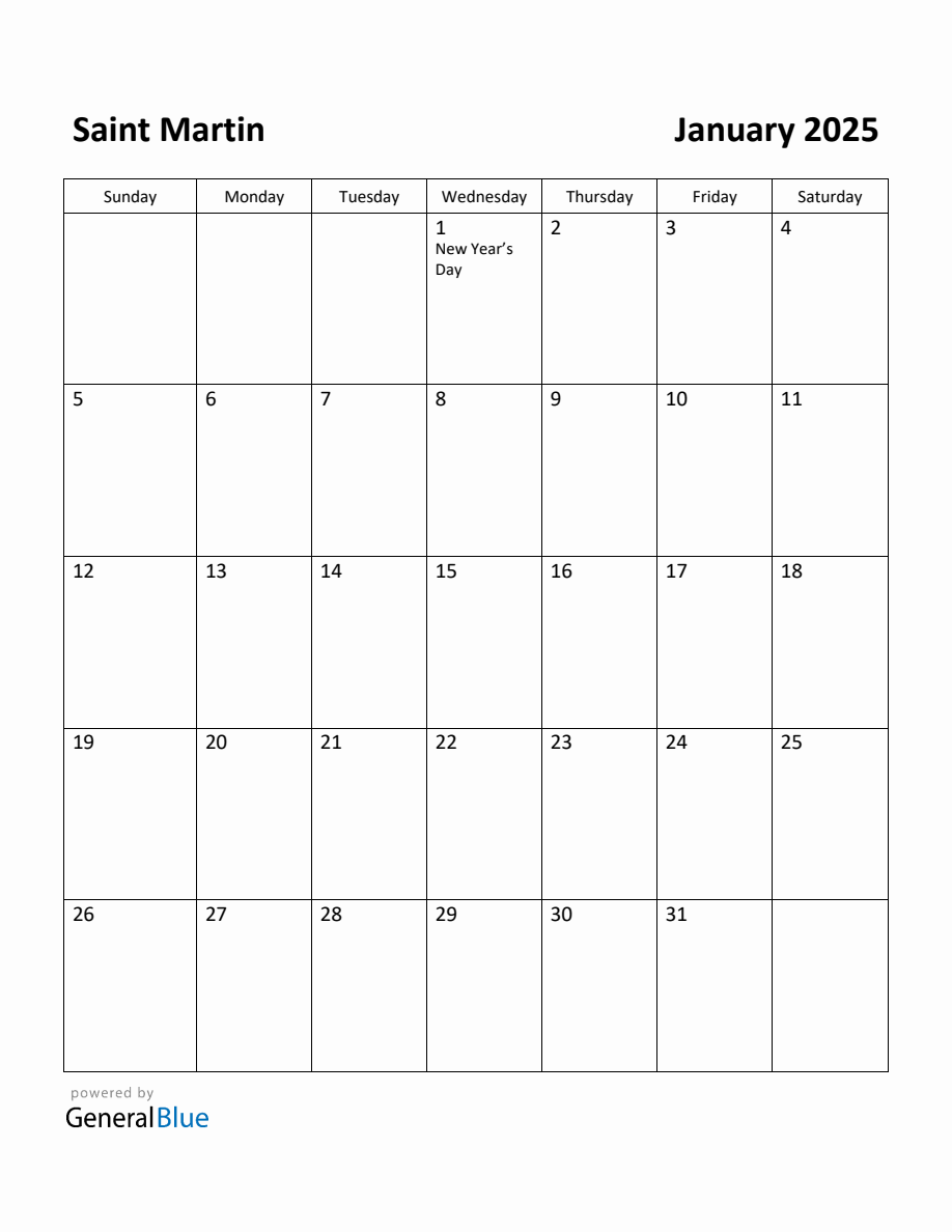 Free Printable January 2025 Calendar for Saint Martin
