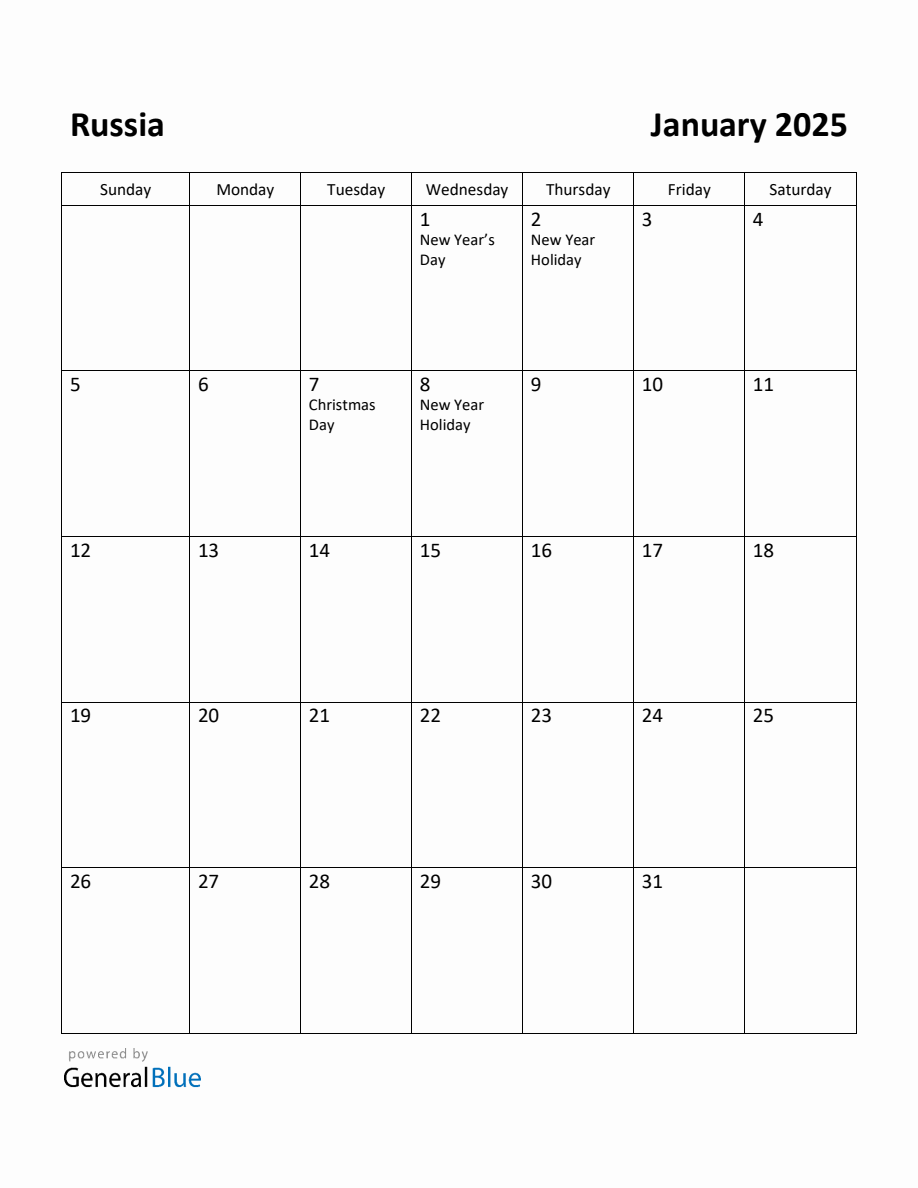 Free Printable January 2025 Calendar for Russia
