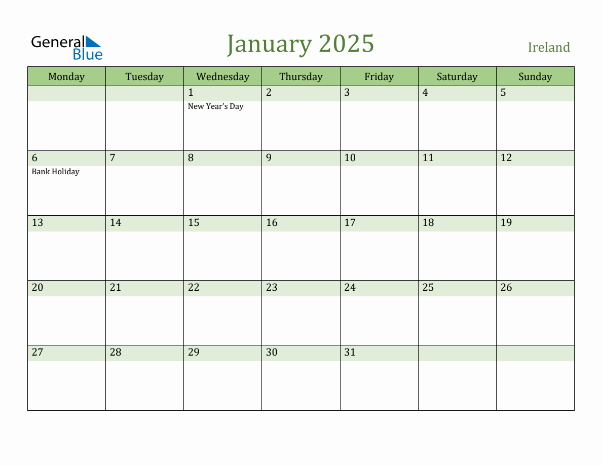 Fillable Holiday Calendar for Ireland - January 2025