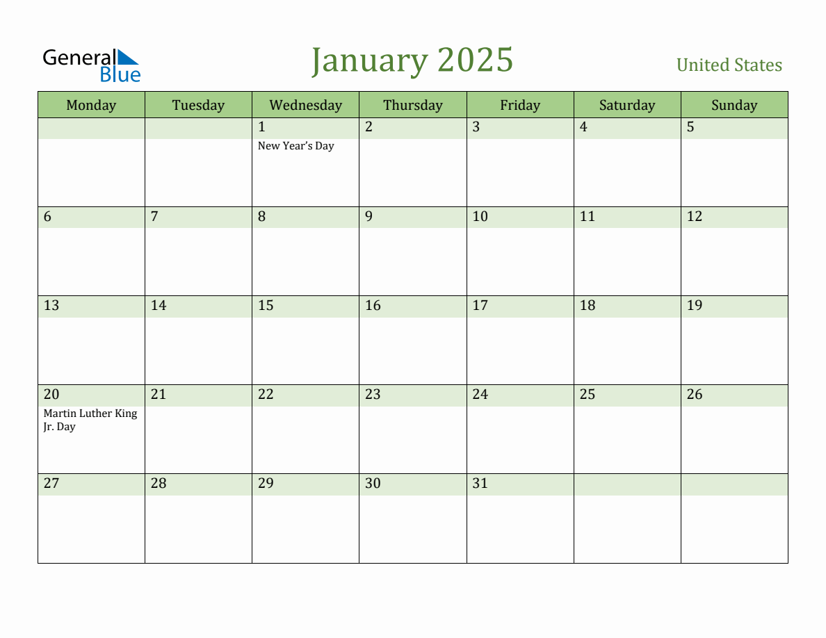 Fillable Holiday Calendar for United States - January 2025 (Monday Start)