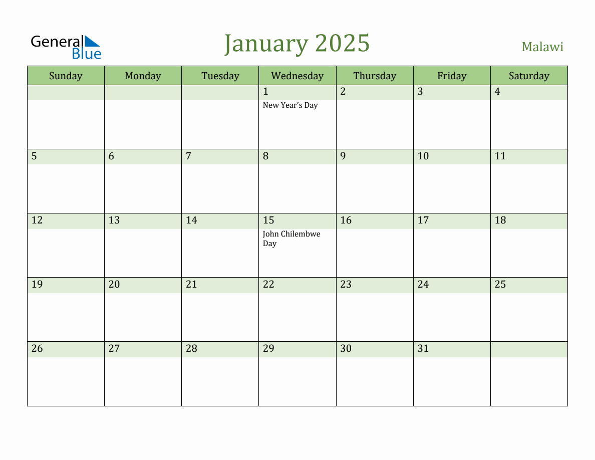 Fillable Holiday Calendar for Malawi - January 2025
