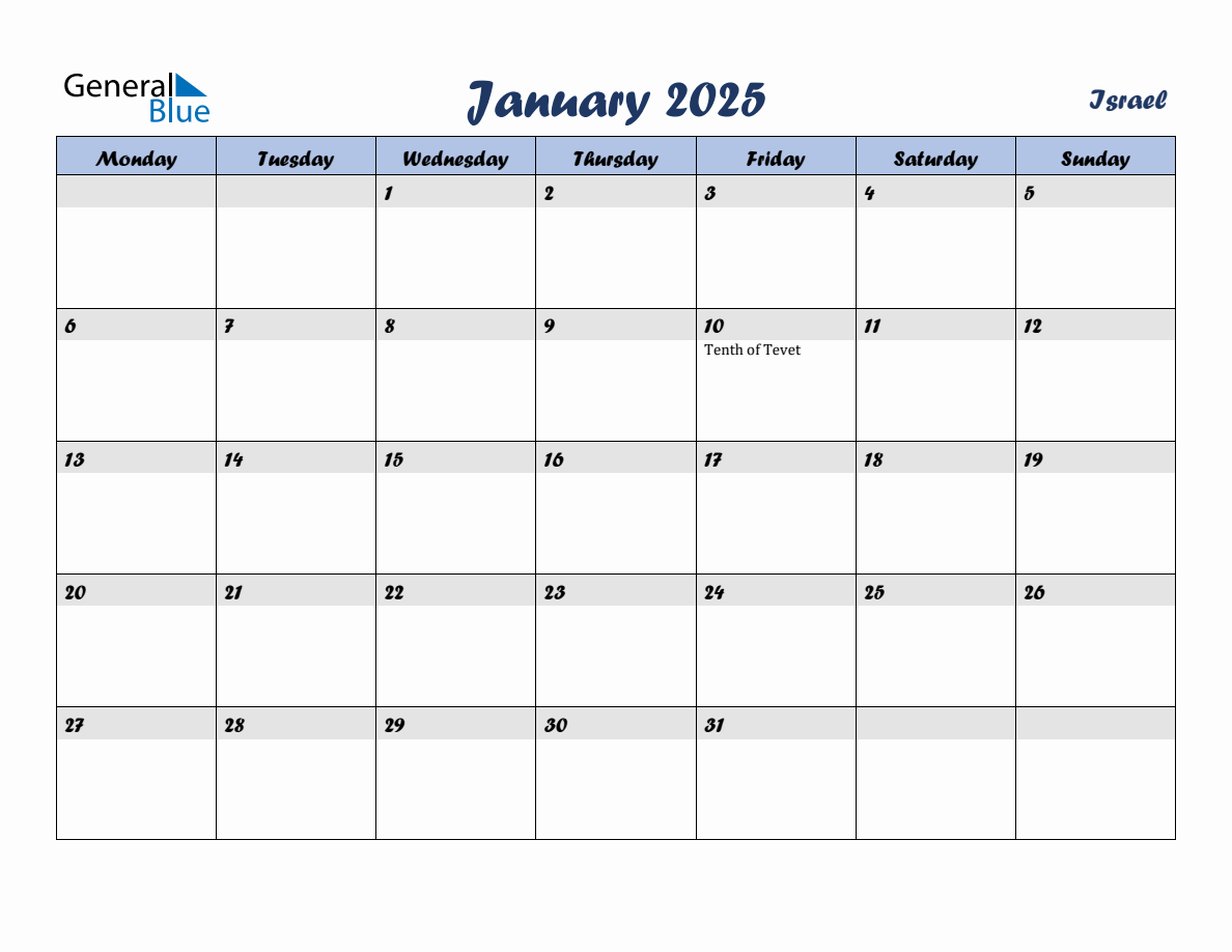 January 2025 Monthly Calendar Template with Holidays for Israel (Monday ...