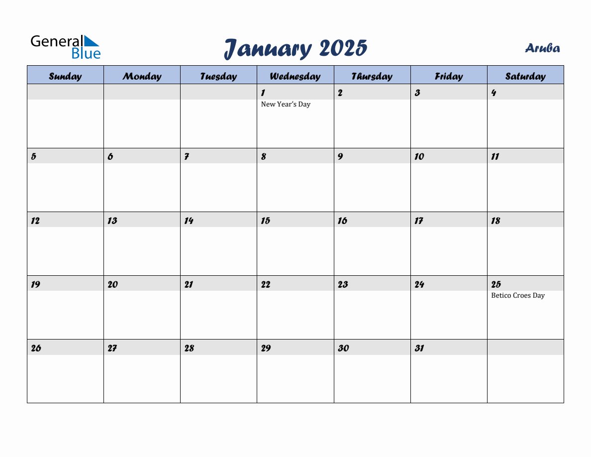 January 2025 Monthly Calendar Template with Holidays for Aruba