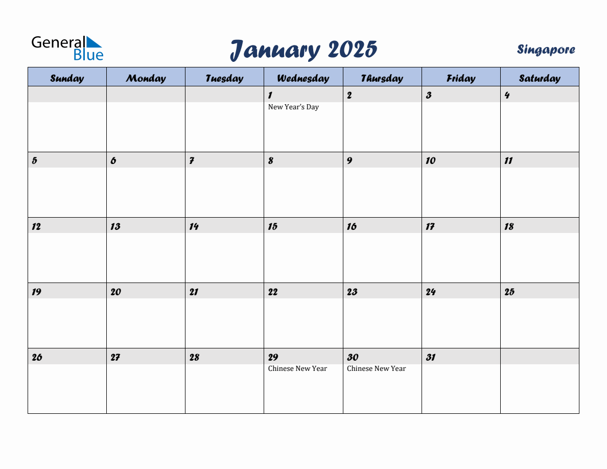 January 2025 Monthly Calendar Template with Holidays for Singapore