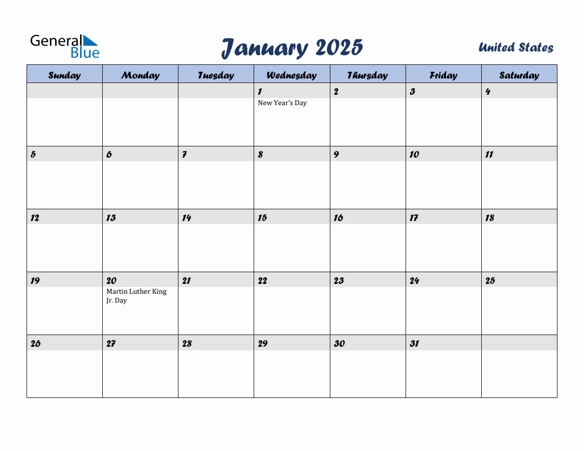 January 2025 Monthly Calendar Template with Holidays for United States