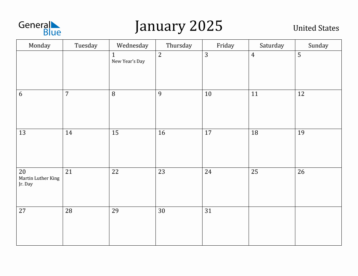 January 2025 Monthly Calendar with United States Holidays (Monday Start)