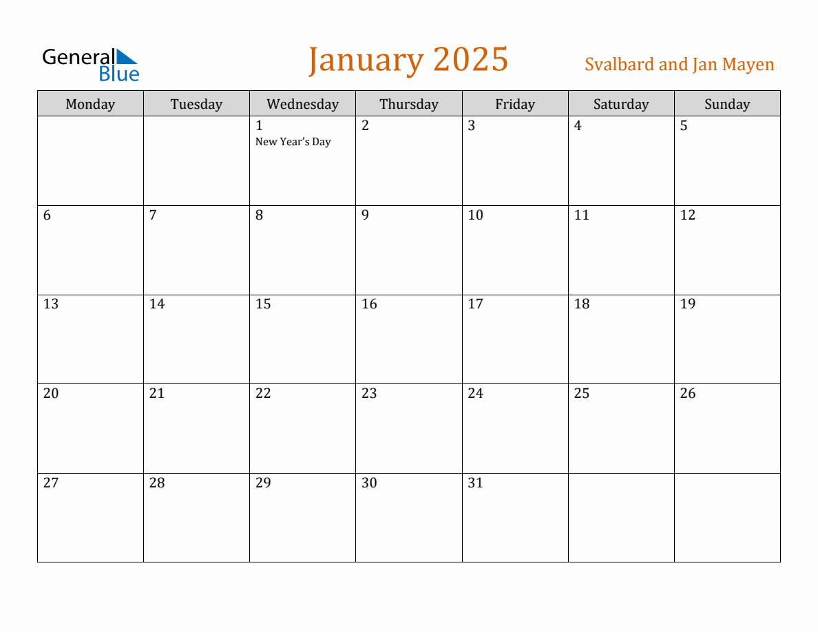 Free January 2025 Svalbard and Jan Mayen Calendar
