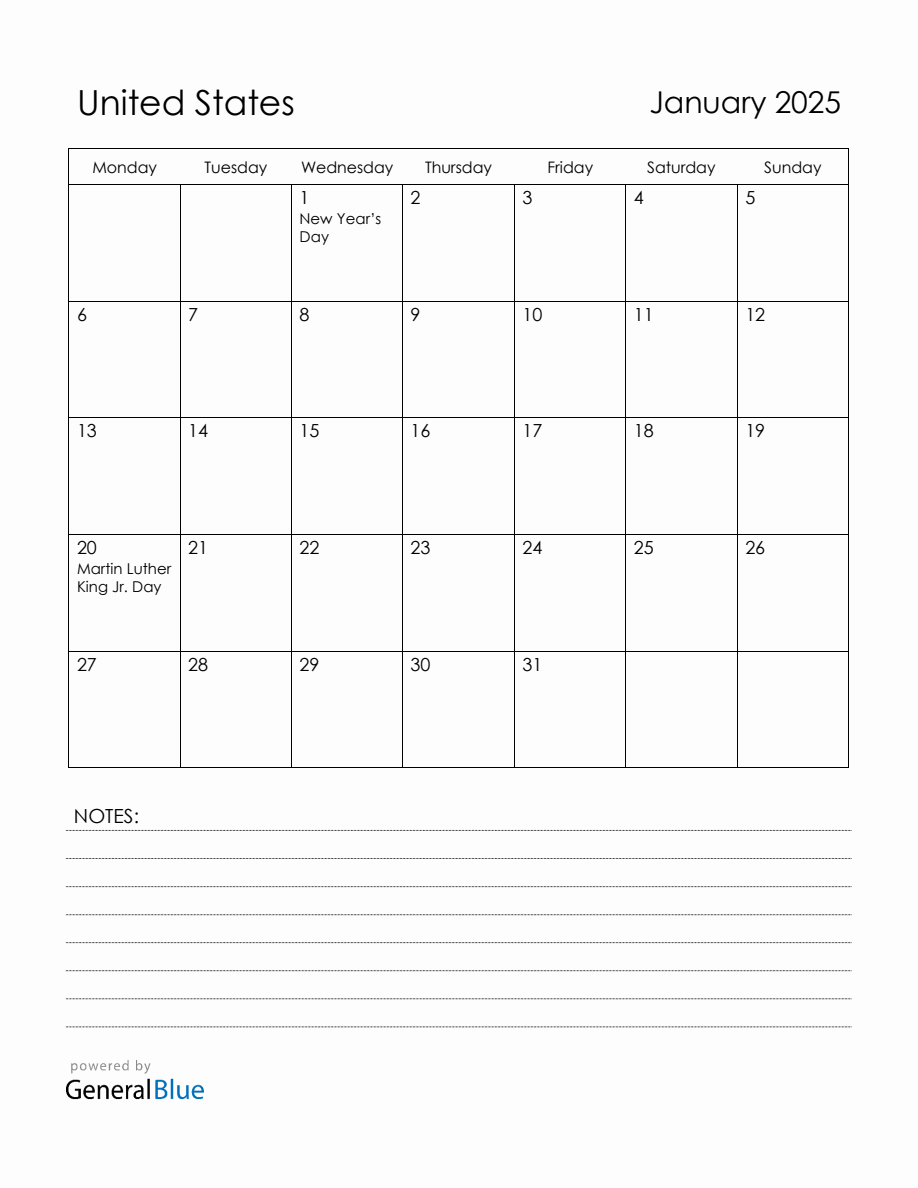 January 2025 United States Calendar with Holidays