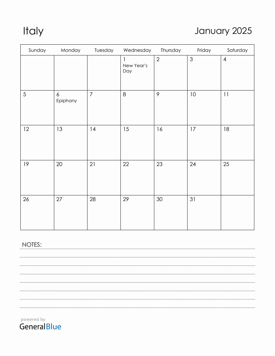 January 2025 Italy Calendar with Holidays