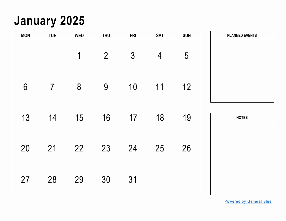 January 2025 Monthly Planner - Monday Start