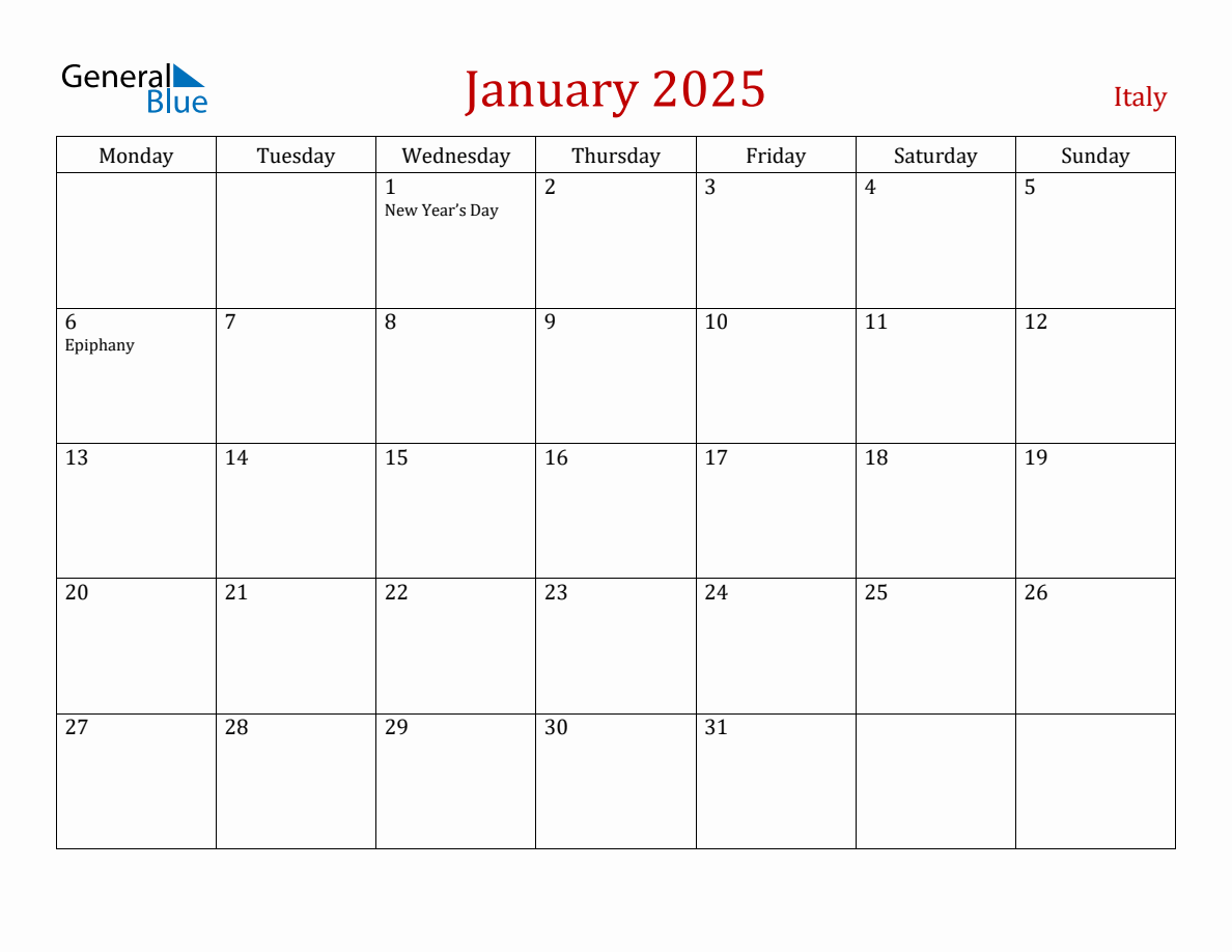 January 2025 Italy Monthly Calendar with Holidays (Monday Start)