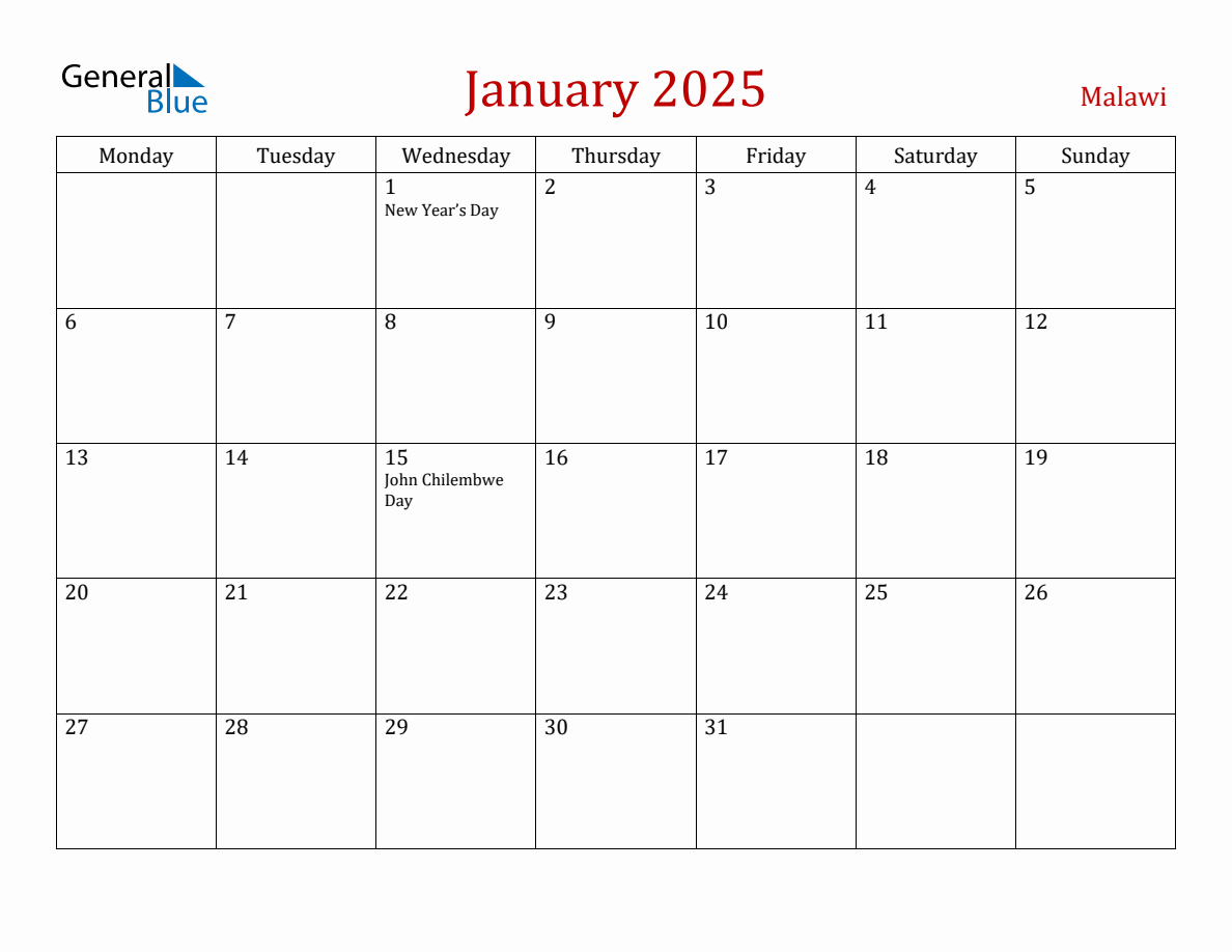 January 2025 Malawi Monthly Calendar with Holidays (Monday Start)