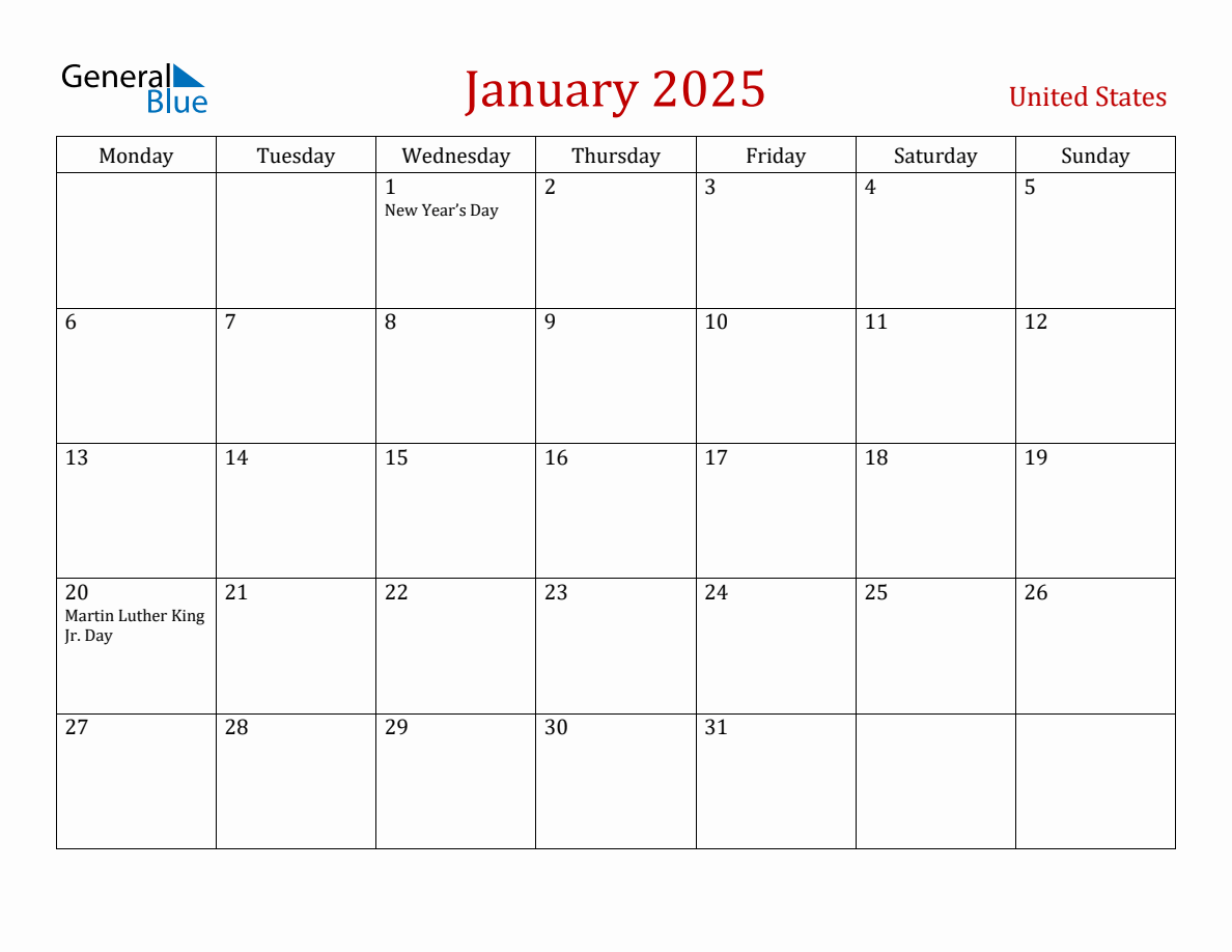 January 2025 United States Monthly Calendar with Holidays (Monday Start)