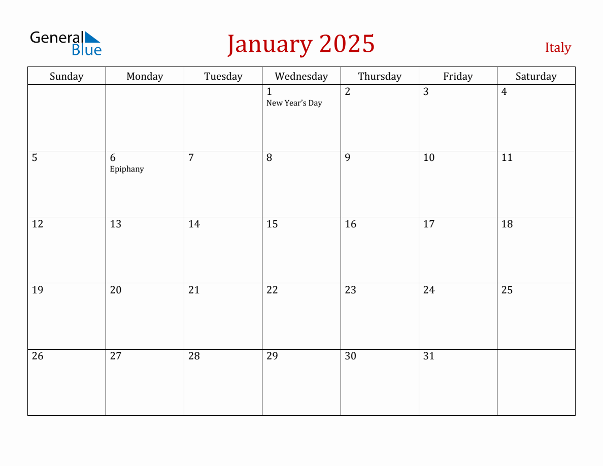 January 2025 Italy Monthly Calendar with Holidays