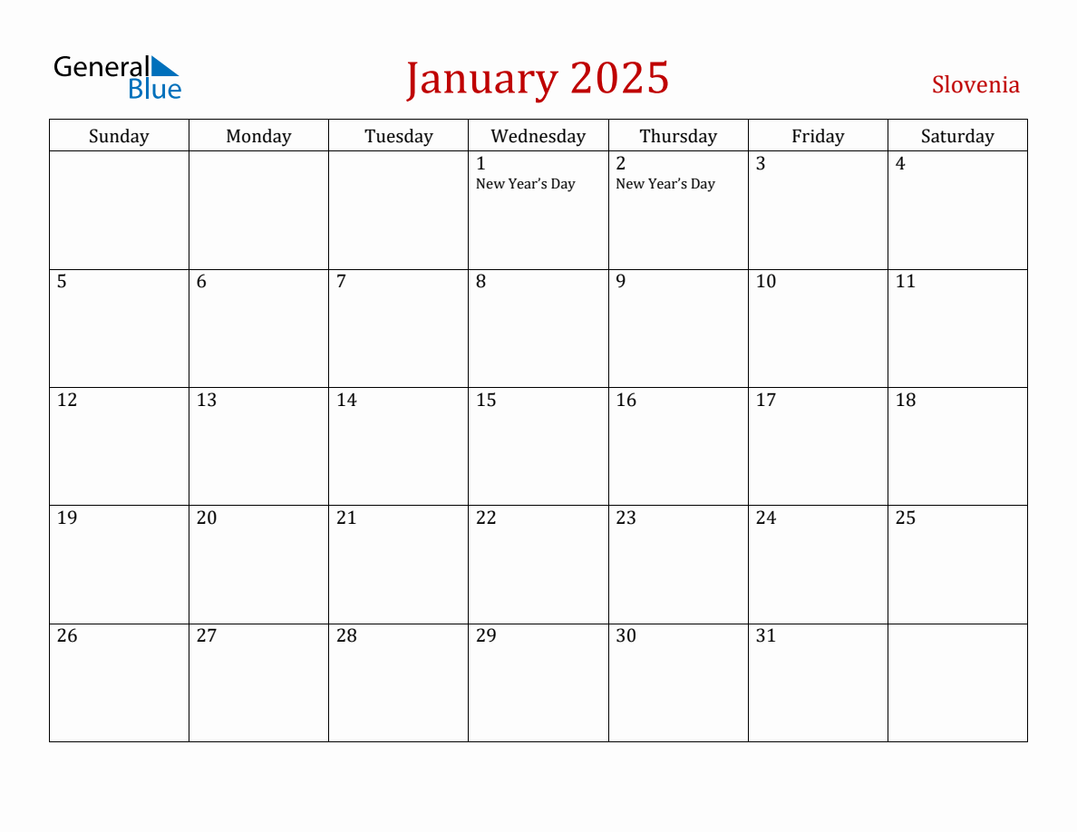 January 2025 Slovenia Monthly Calendar with Holidays