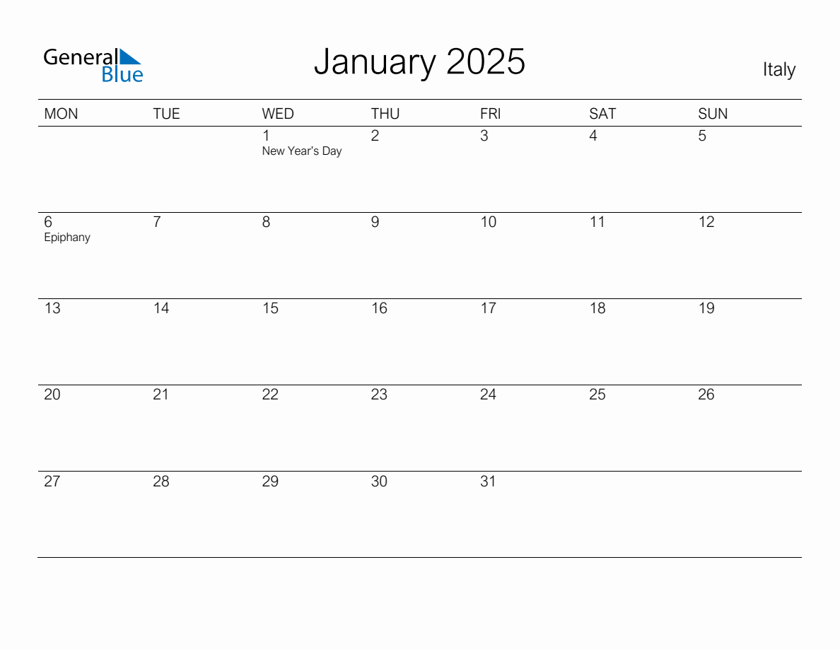 Printable January 2025 Monthly Calendar with Holidays for Italy (Monday ...